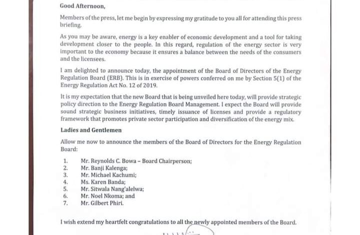 MINISTER OF ENERGY PETER KAPALA APPOINTS ERB BOARD OF DIRECTORS – Daily ...